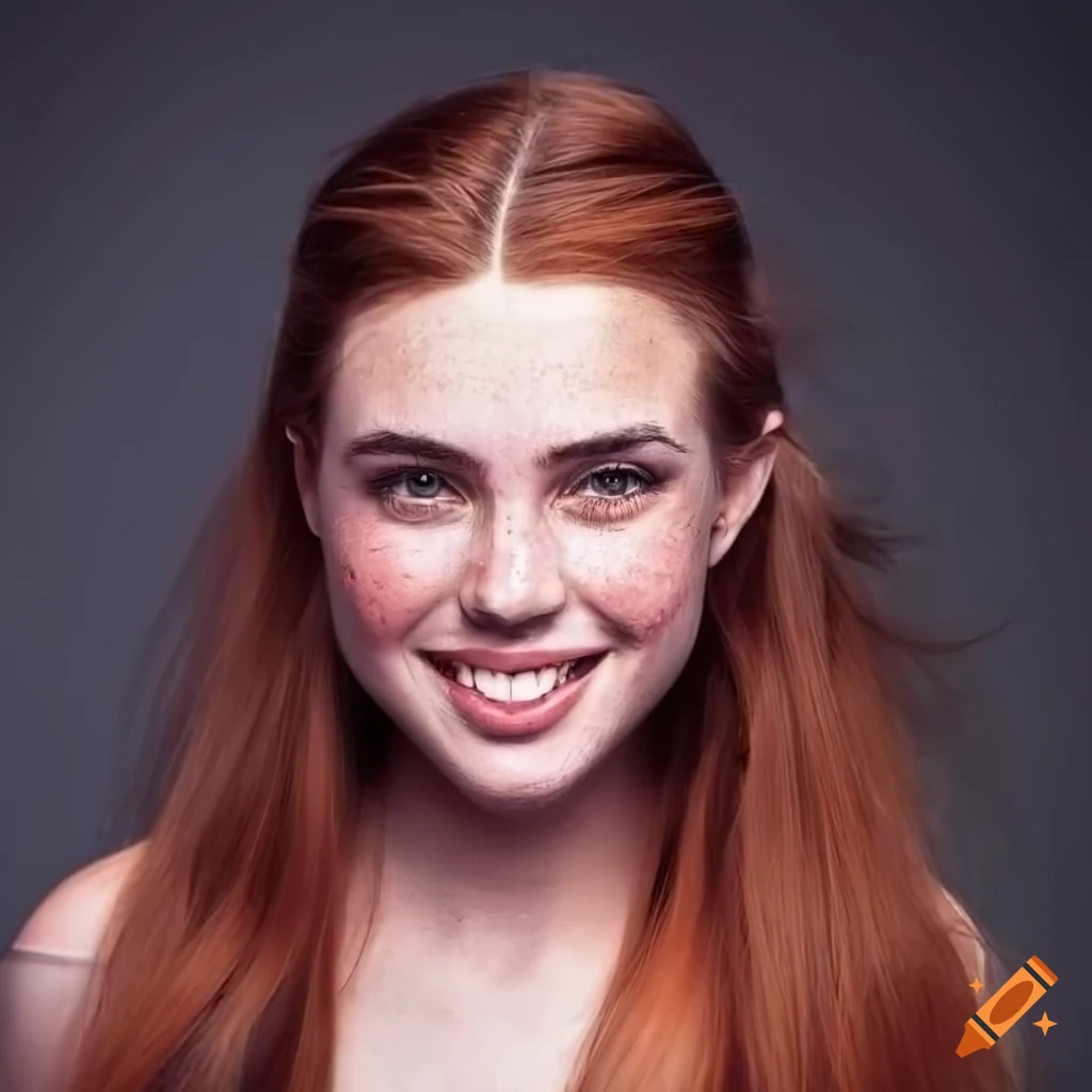 Portrait of a beautiful young woman with freckles and chestnut hair on ...