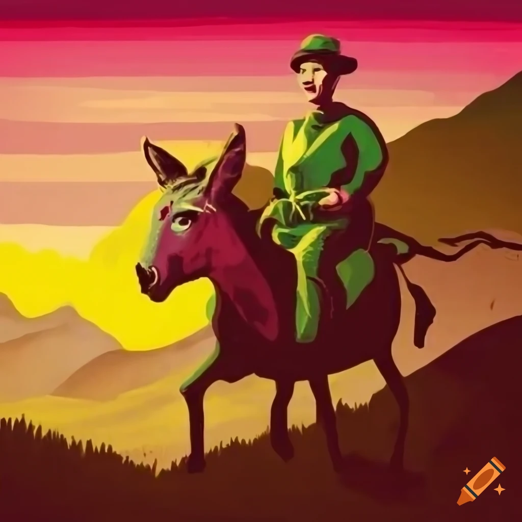 Vintage style illustration of a donkey running on a mountain ridgeline ...