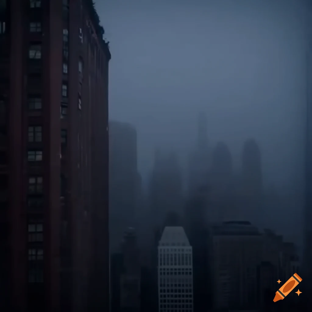 City view from a tall building in misty and mysterious ambiance on Craiyon