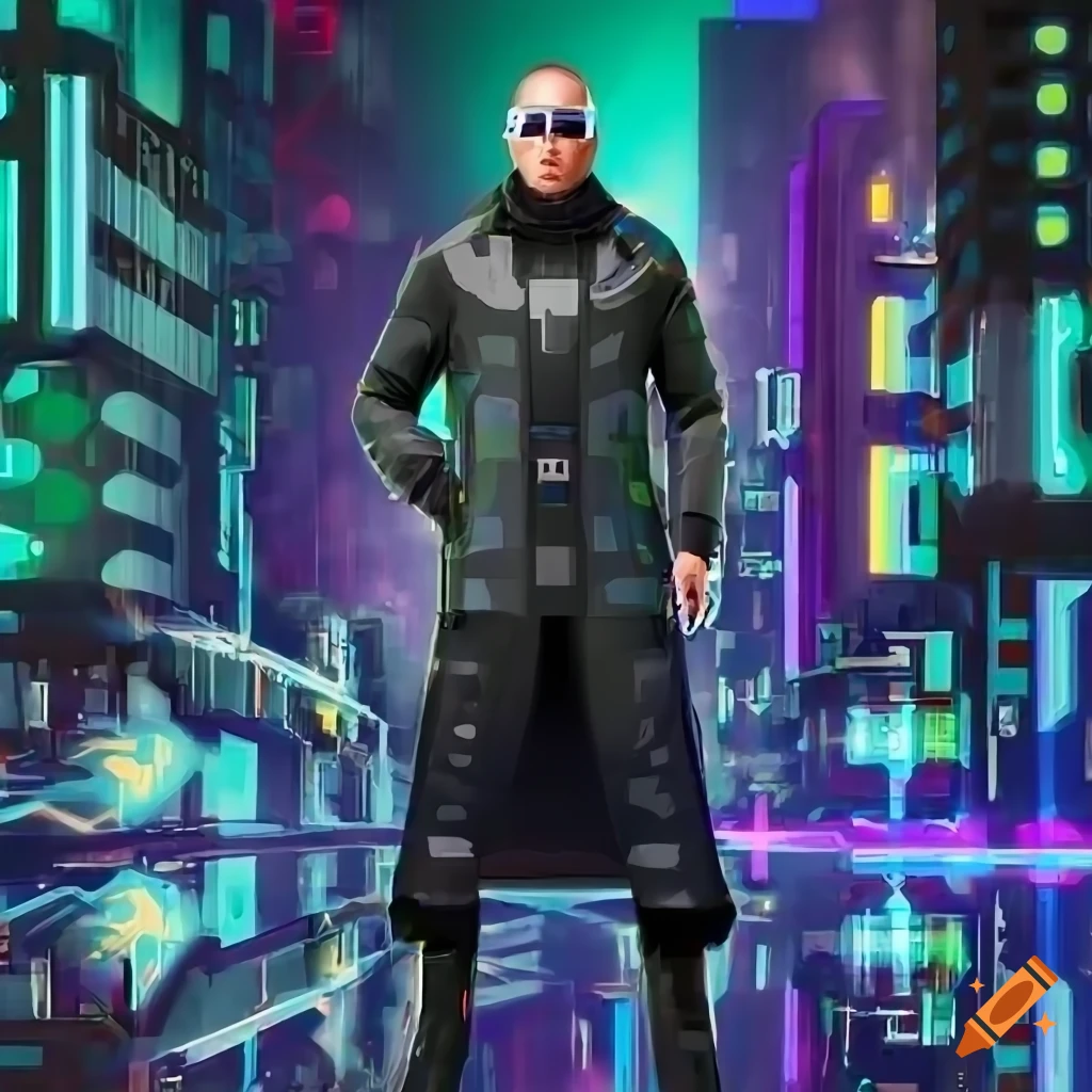 Digital painting of a black male spy in futuristic outfit