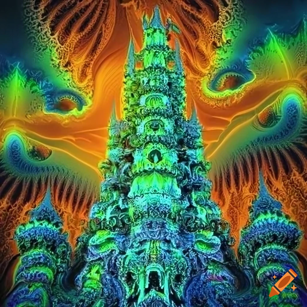 Surreal psychedelic castle with tall towers and a flaming demon on Craiyon