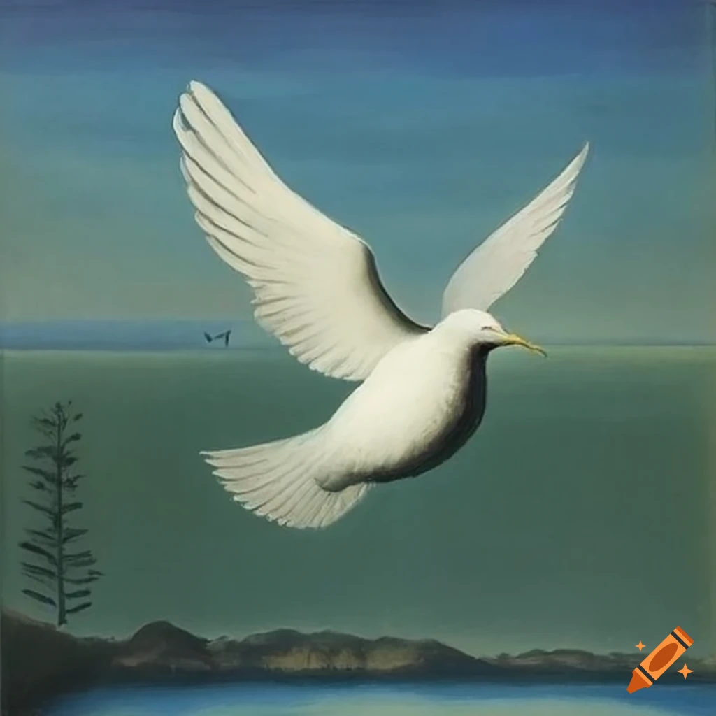 Painting by rene magritte featuring a white dove on Craiyon