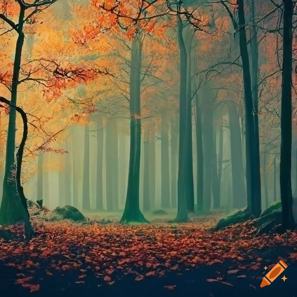 Mysterious autumn landscape with mist and mushrooms on Craiyon