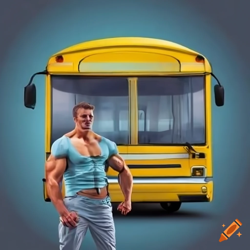 Muscular bus driver next to a yellow bus on Craiyon