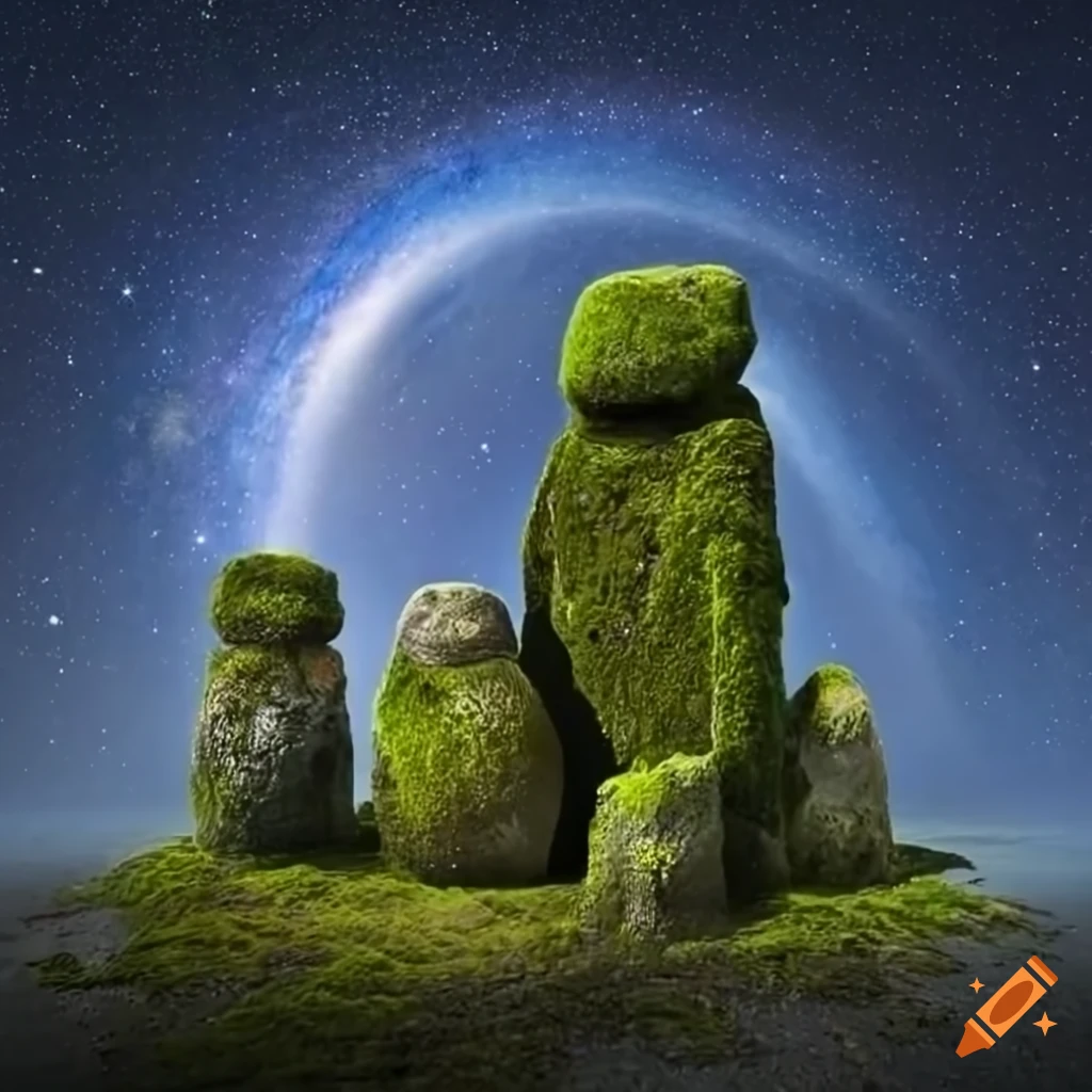 Moss-covered stone statues with milky way in the sky on Craiyon