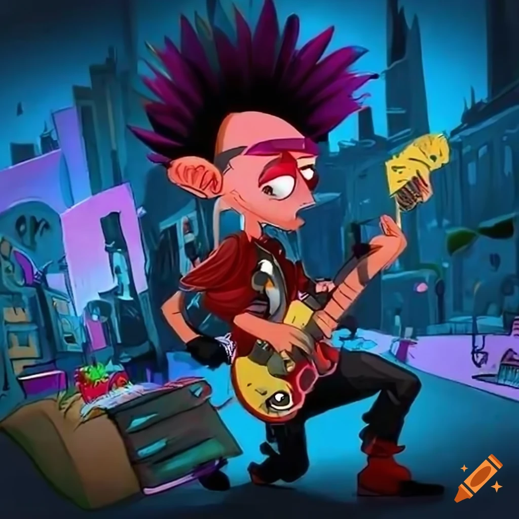 Cartoon punk character in whimsical urban landscape on Craiyon