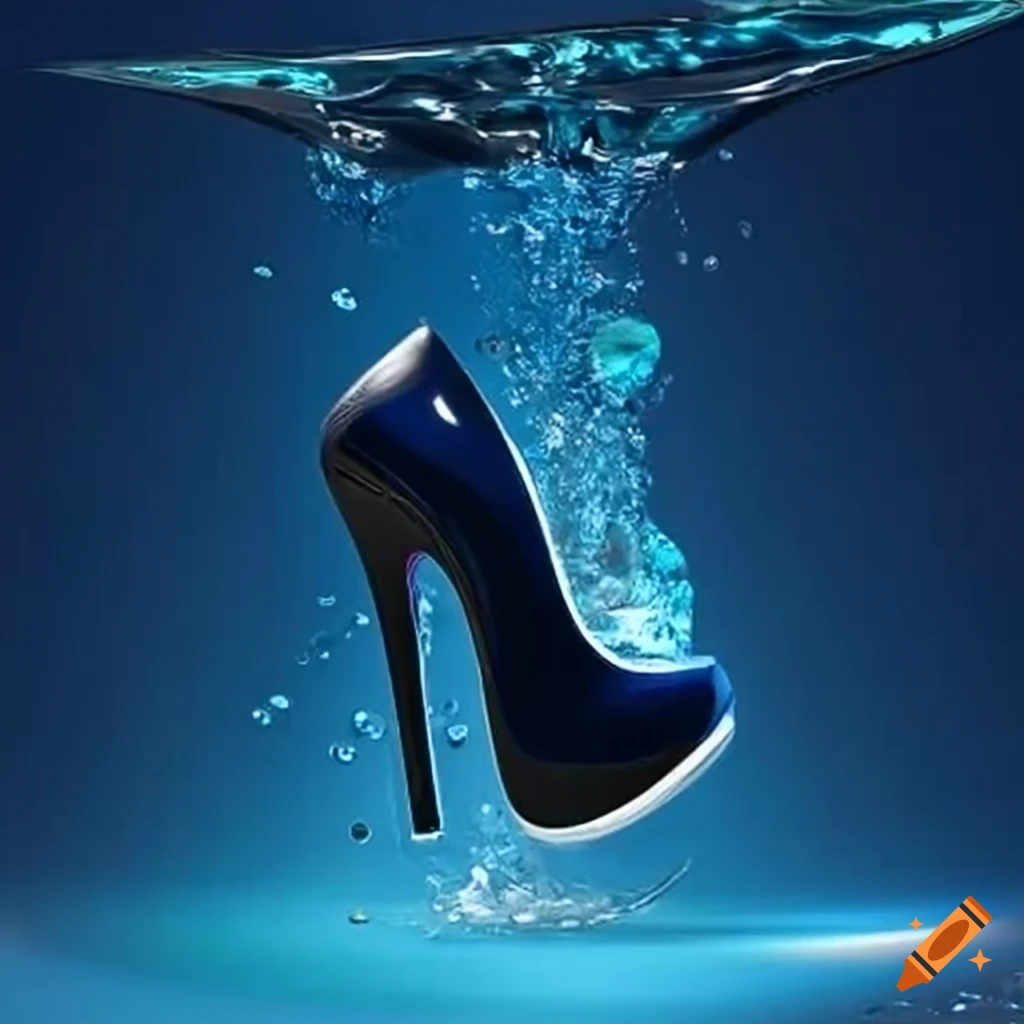 Surreal concept art of a blue high heel shoe with water splashes