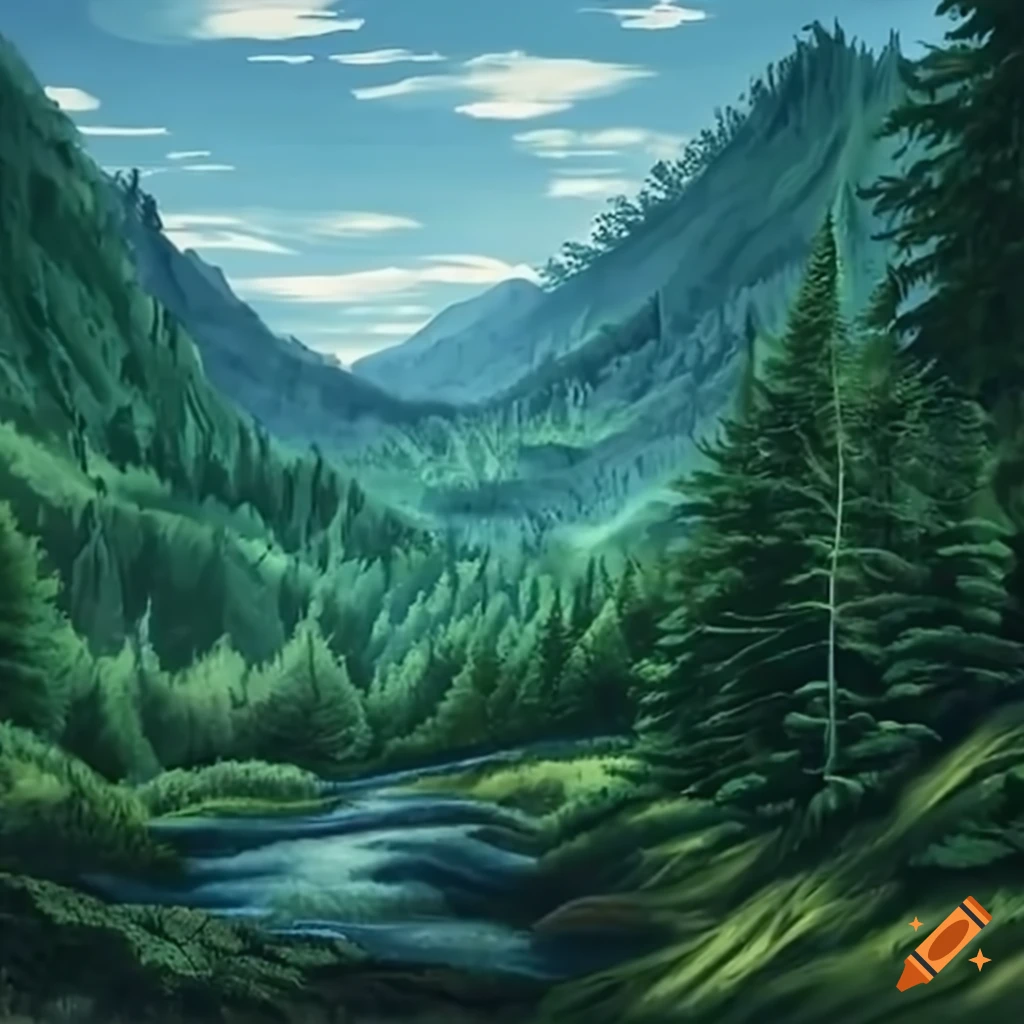 Scenic view of a forest valley on Craiyon