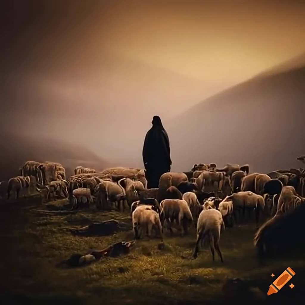 Shepherd watching over his flock in the mountains on Craiyon