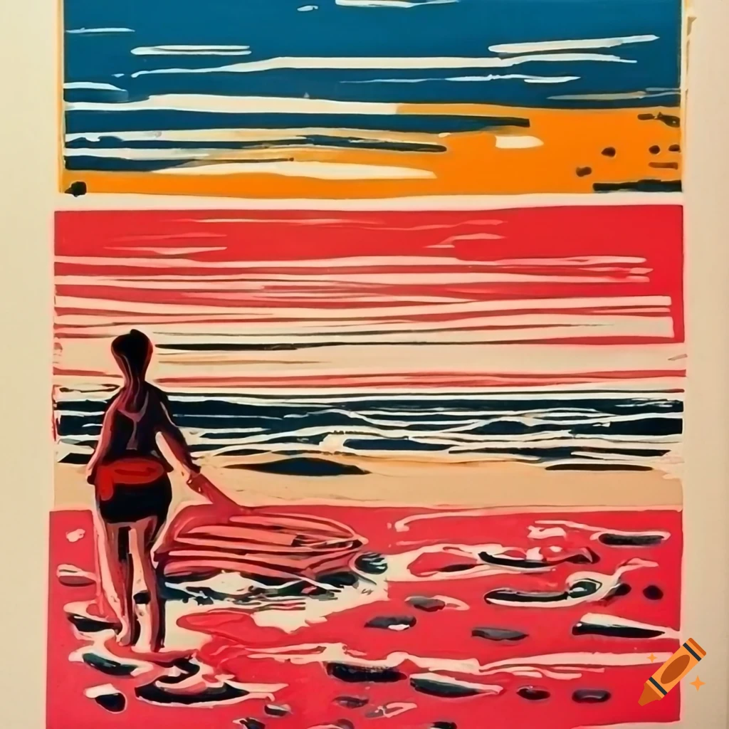 Sunset beach in lino print style on Craiyon