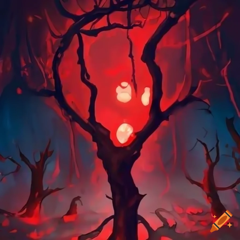 Anime art style of a terrifying tree with red eyes on Craiyon