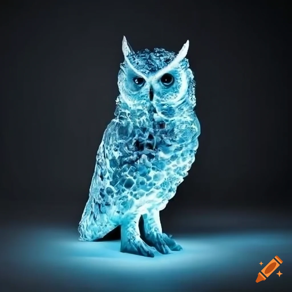 Intricate ice owl sculpture in a cave on Craiyon