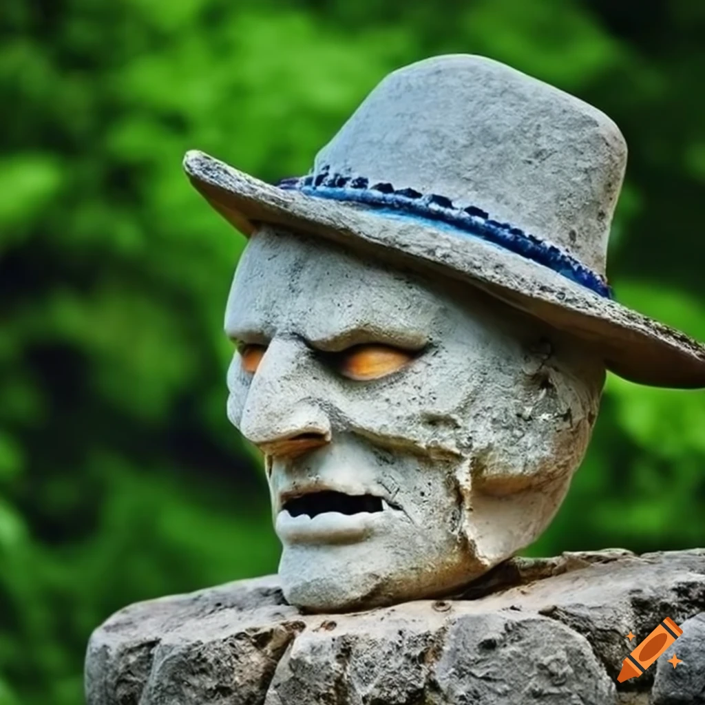 Sculpture of a stone head wearing a hat on Craiyon