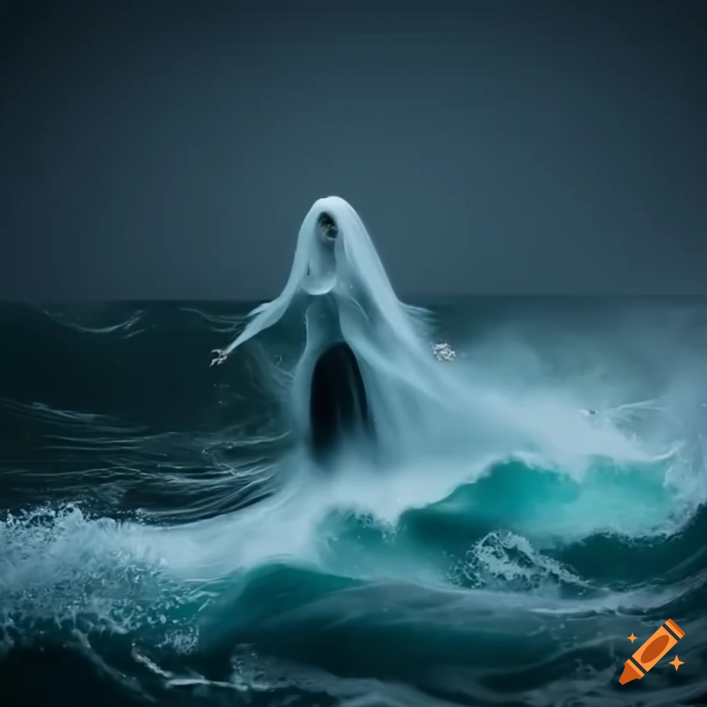 Photorealistic image of a ghostly female specter emerging from a stormy ...