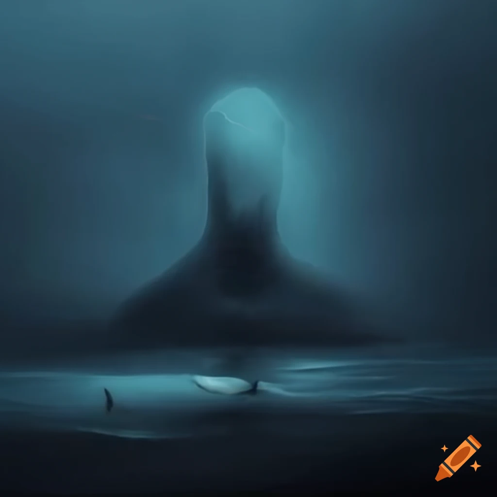 Ethereal image of humanoid whales on a desolate shore