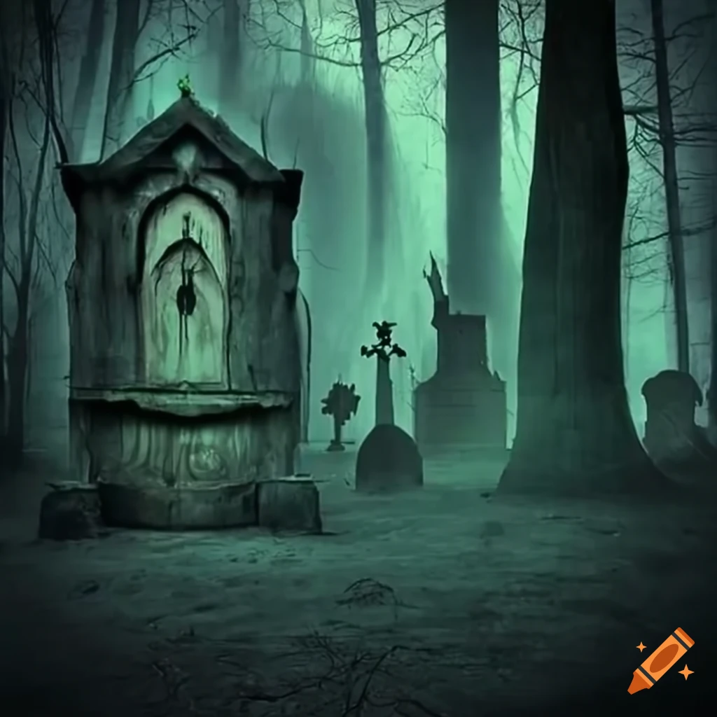 Image of a terrifying and gloomy graveyard on Craiyon
