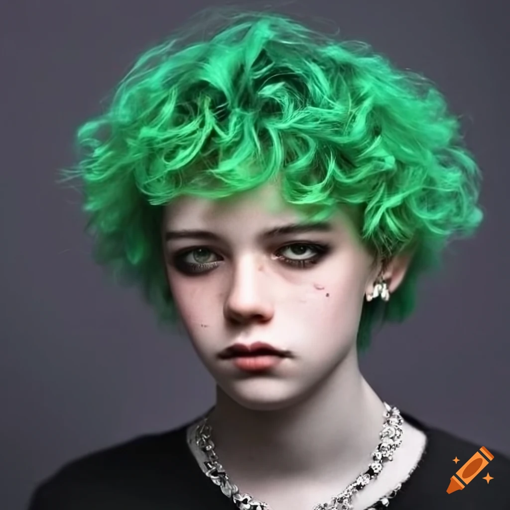 Portrait of a transgender teenager with green curly hair