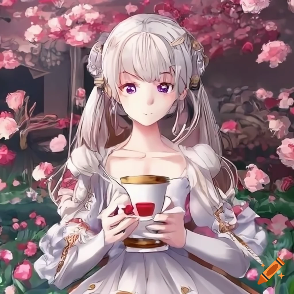 Anime noble girl drinking tea in a rose garden on Craiyon