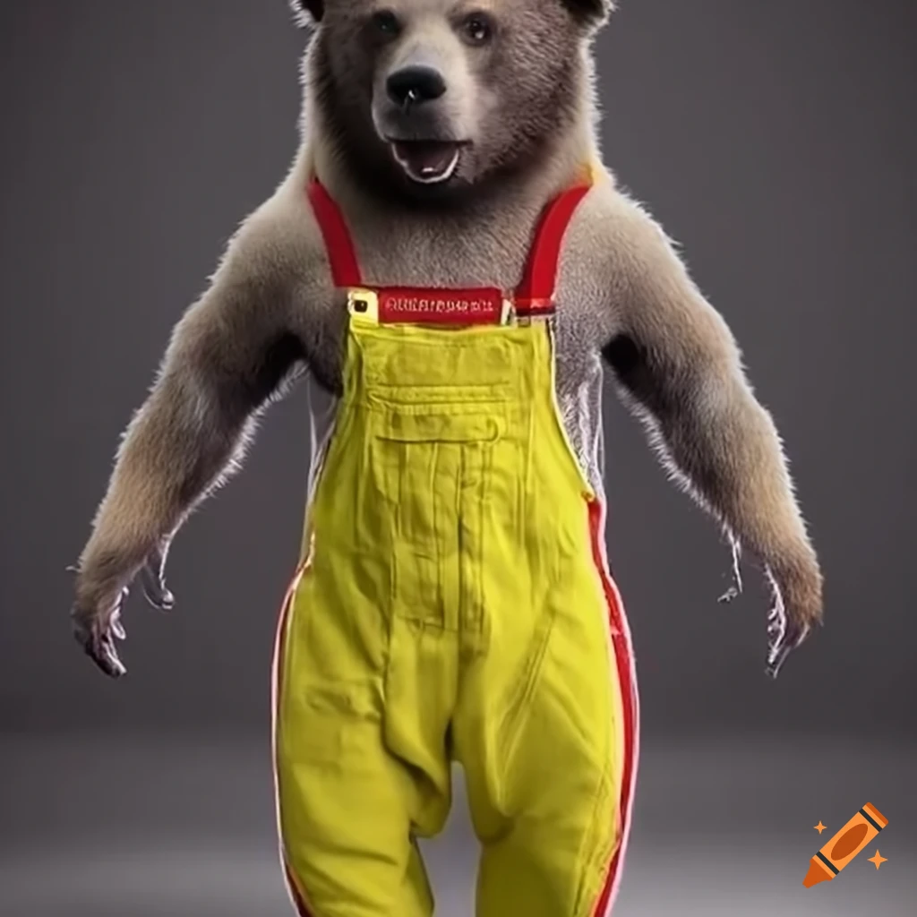 Bipedal bear in striped overalls inside a containment cell on Craiyon