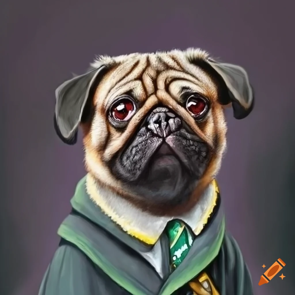 Hyper realistic portrait of a pug in Hufflepuff uniform on Craiyon
