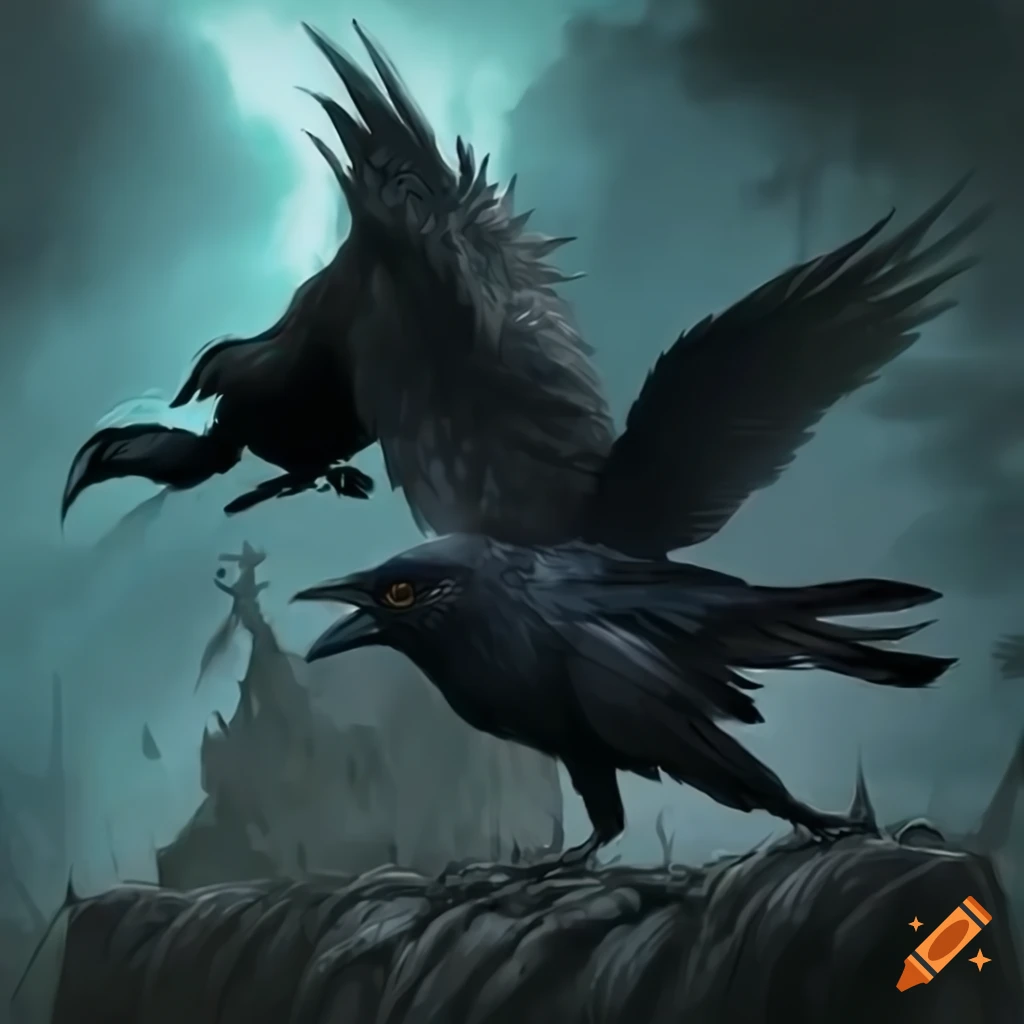 Heroic crow battling in a dark fantasy world on Craiyon