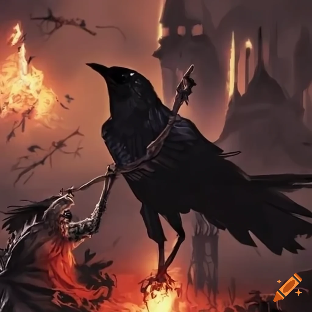 Artwork of a blind crow battling an evil army