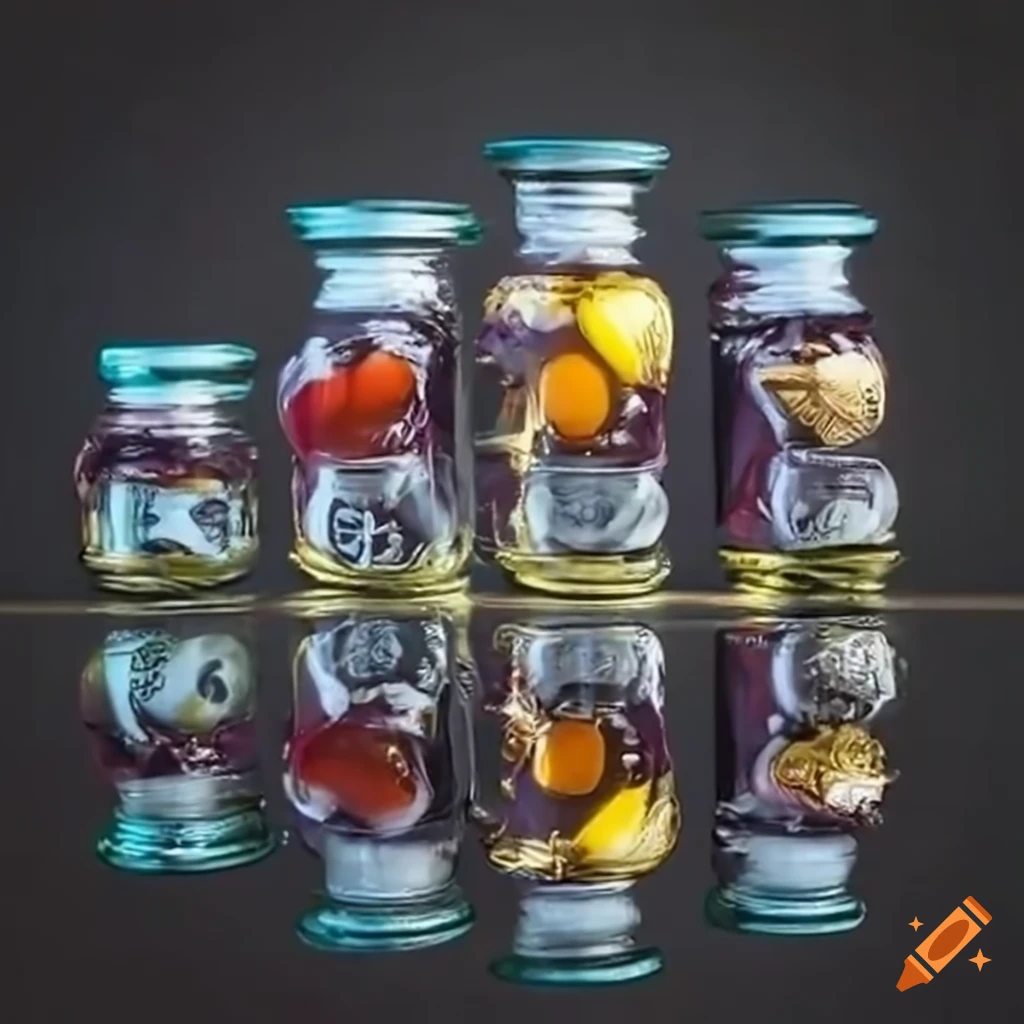 Four jars filled with money and a champion medal on Craiyon