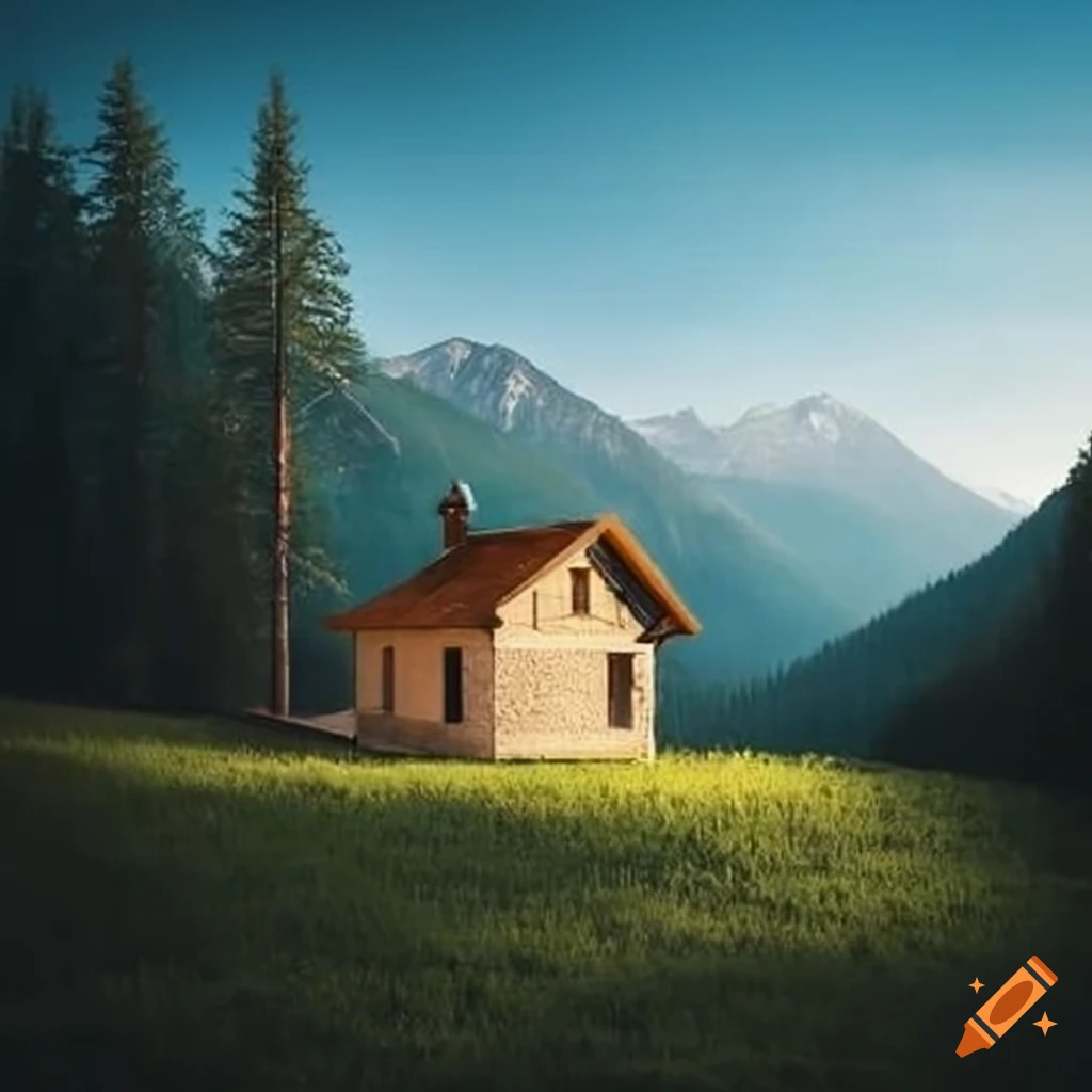 House in a valley near a clear lake in a scenic wallpaper on Craiyon