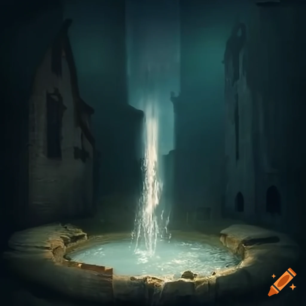 Medieval white building with flowing water in a town on Craiyon