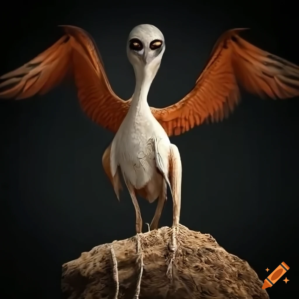 Photo of a feathered alien with wings, legs, and tail on Craiyon