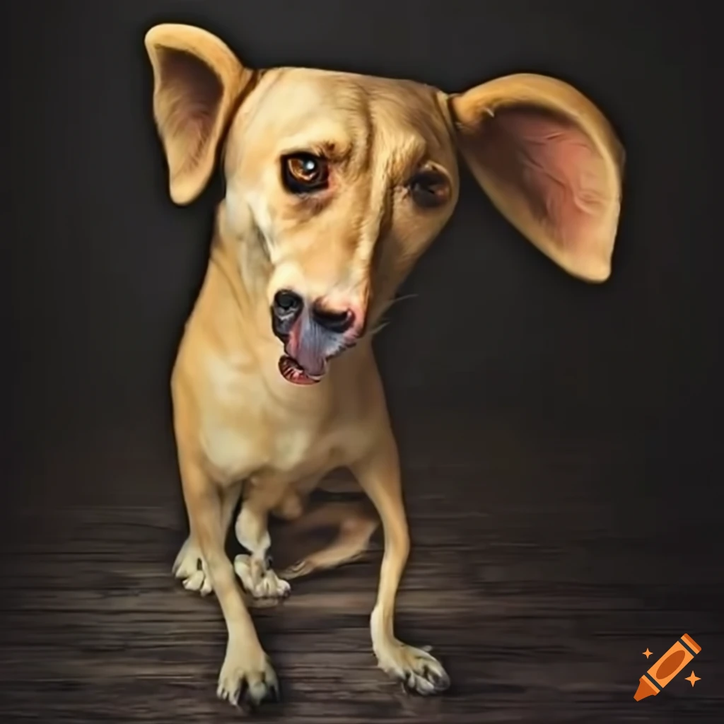 Creepy realistic depiction of a yellow dog standing on hind legs