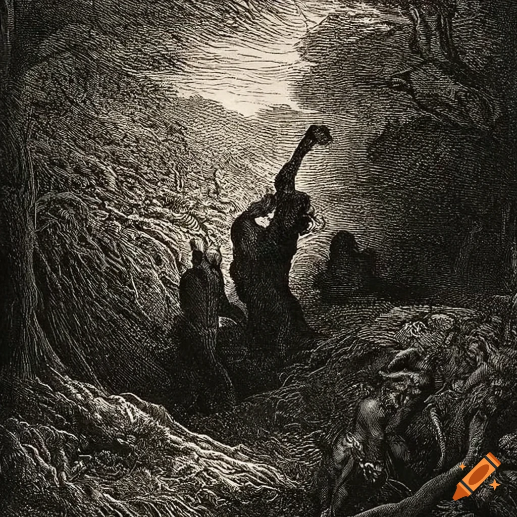 Detailed engraving of a epic battle in a forest on Craiyon