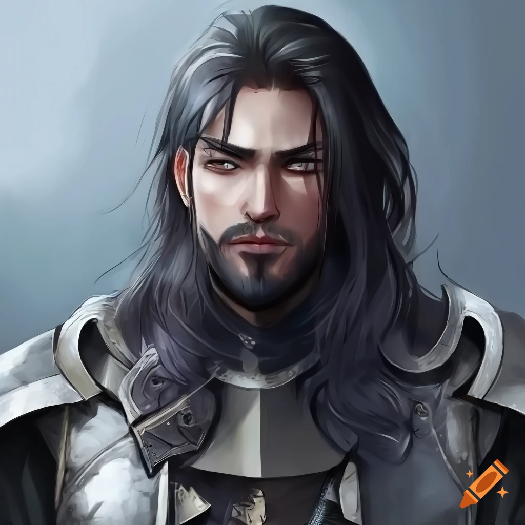 Digital art of a fierce knight with long black hair on Craiyon
