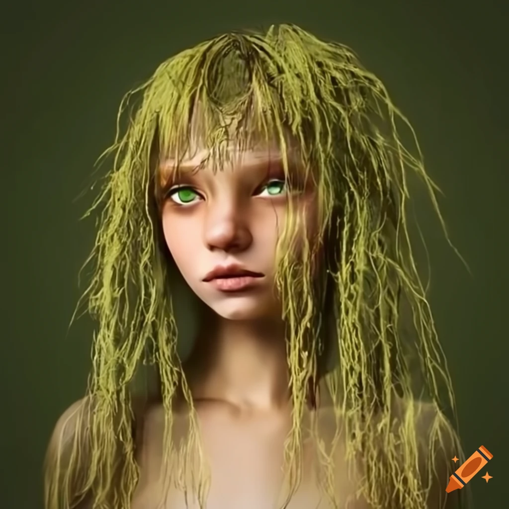 Fantasy artwork of a girl with tree-like features in a forest on Craiyon