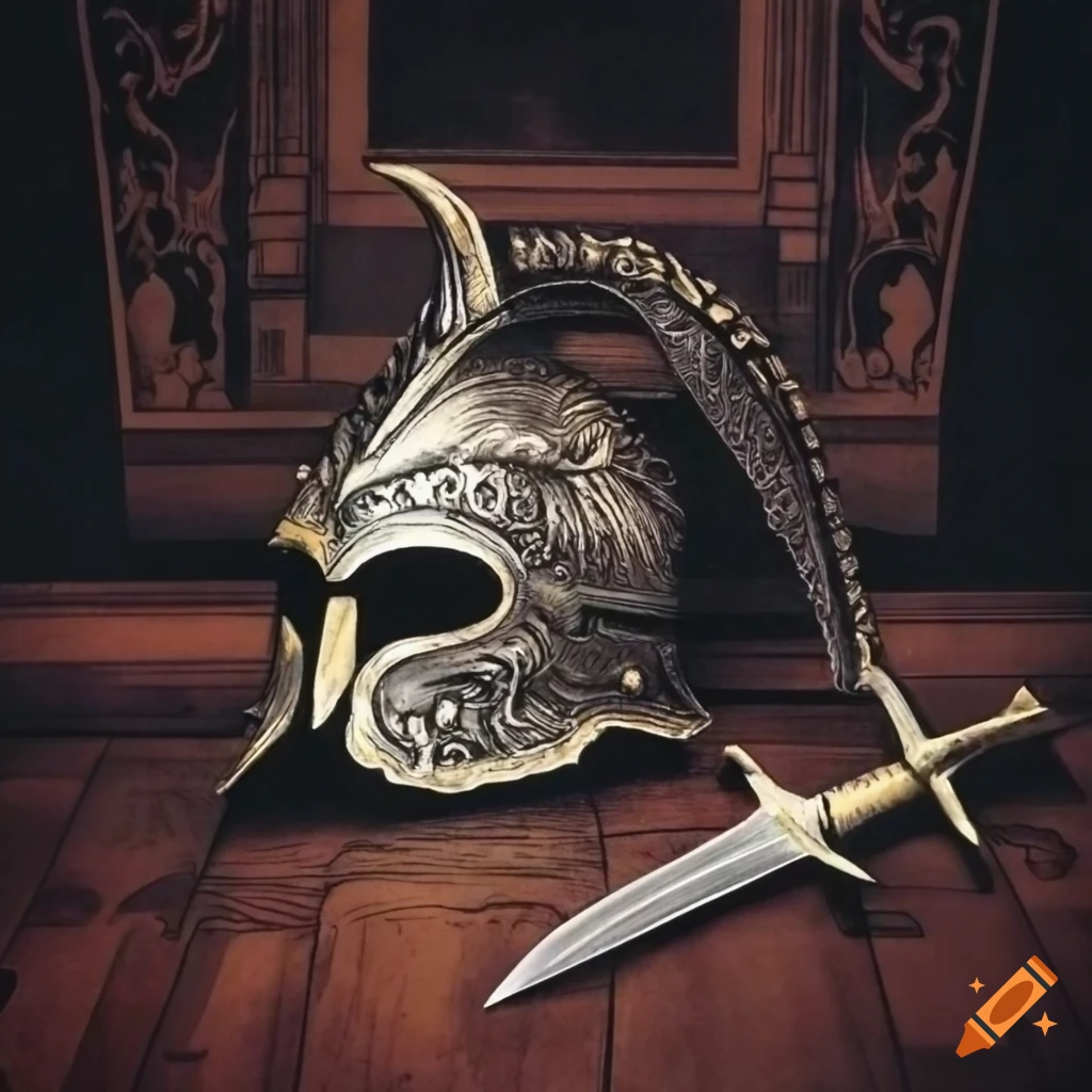 Black and white artwork of a helmet and sword