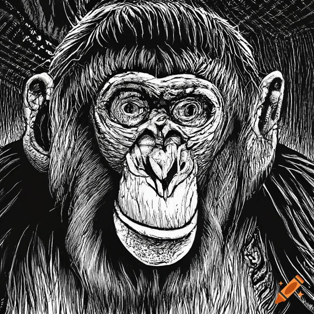 Illustration of a chimpanzee discovering fire on Craiyon