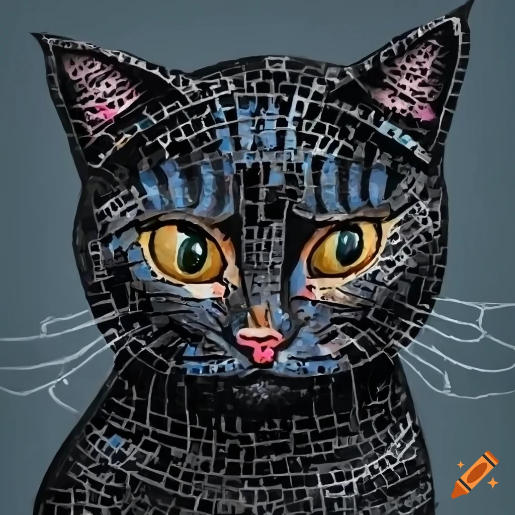 Mosaic artwork of a cartoon cat in charcoal style on Craiyon
