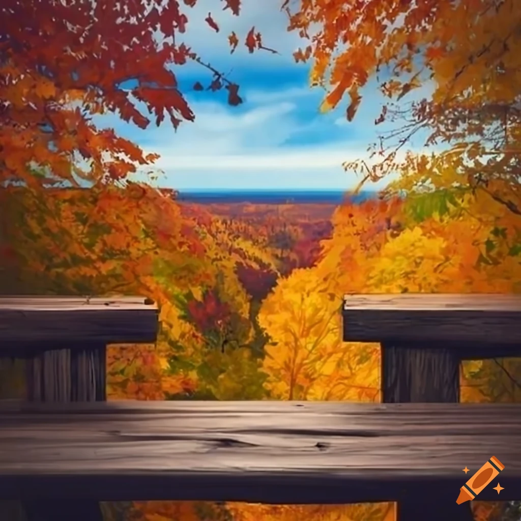 Fall landscape with a wooden shelf in the foreground on Craiyon