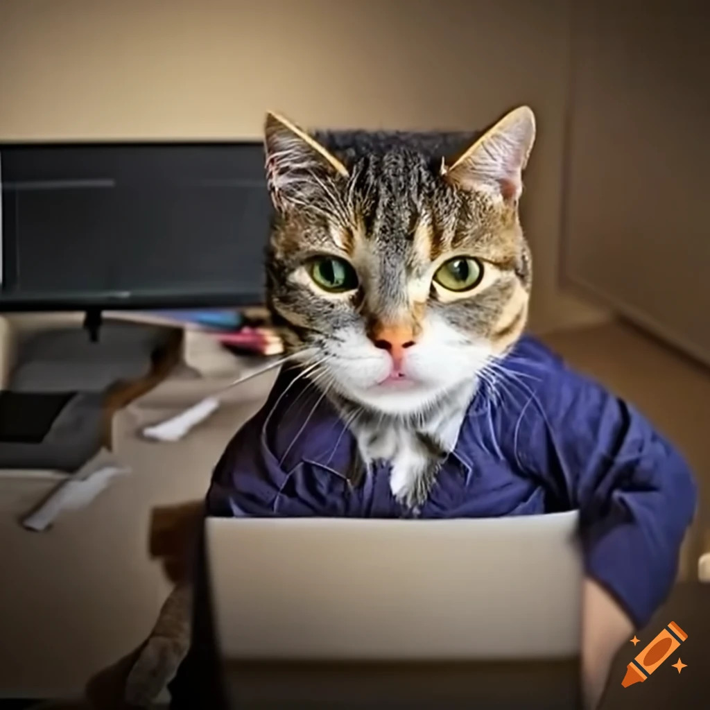 Humorous image of a cat dressed as a developer on Craiyon