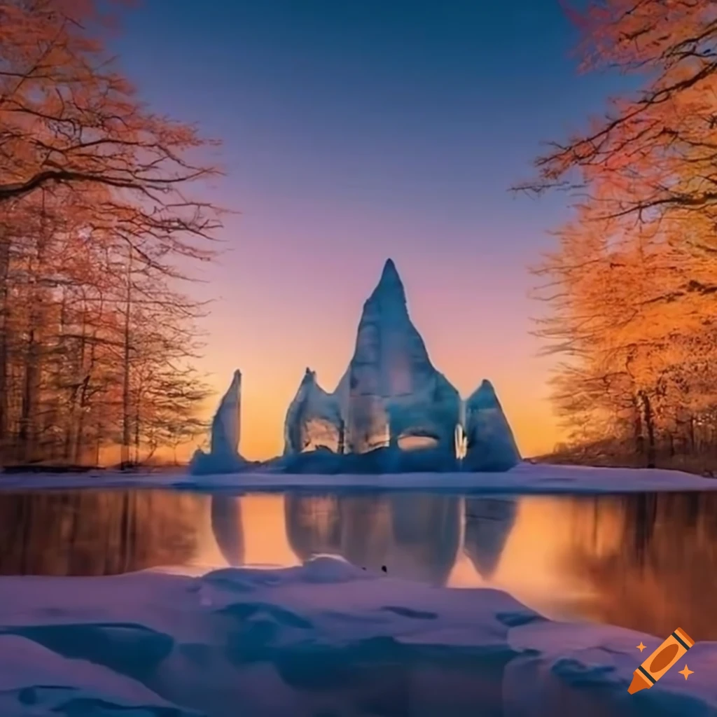 Victoria ice castle in a snowy winter with trees, photorealistic on Craiyon