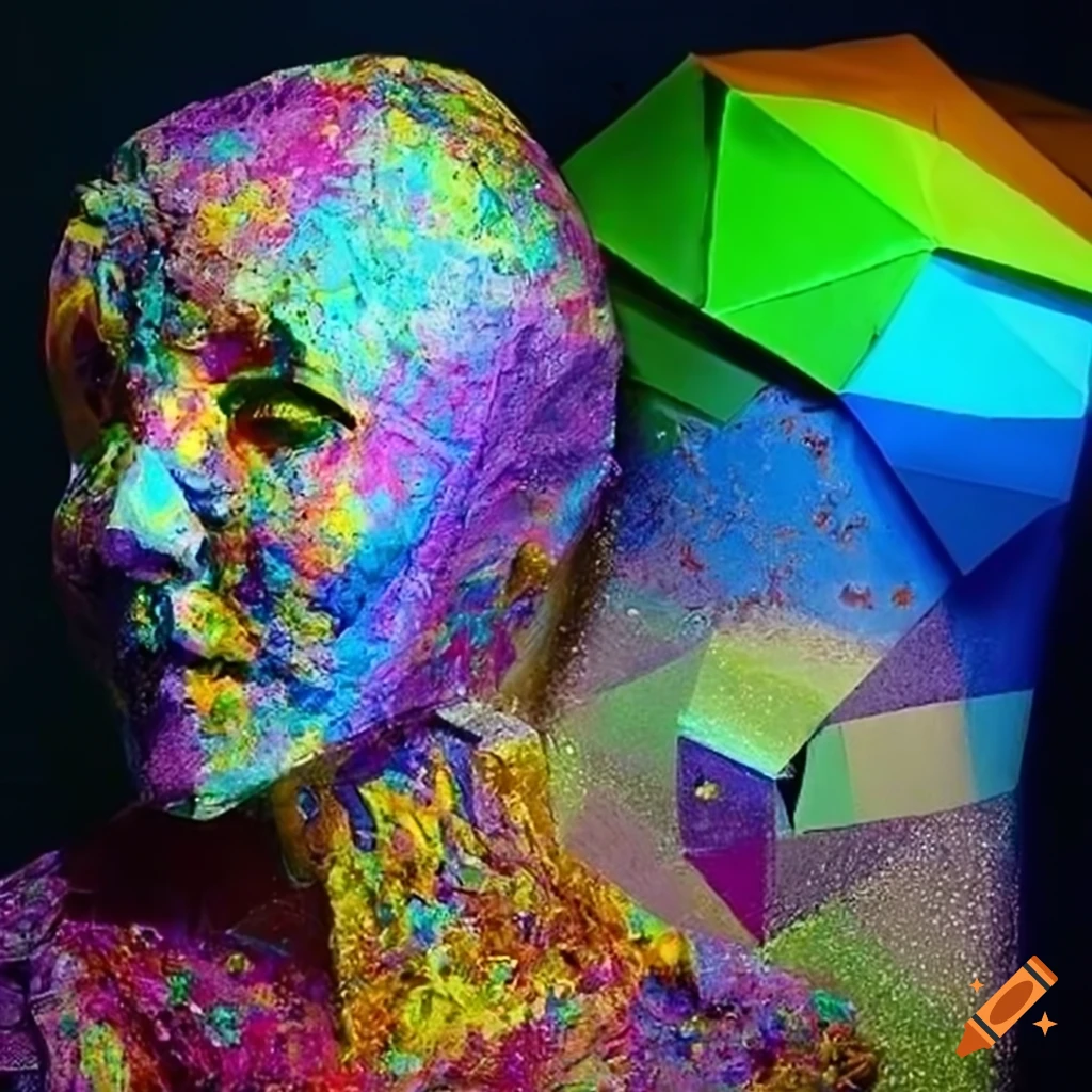 Sculpture of colorful origami figures in intricate detail