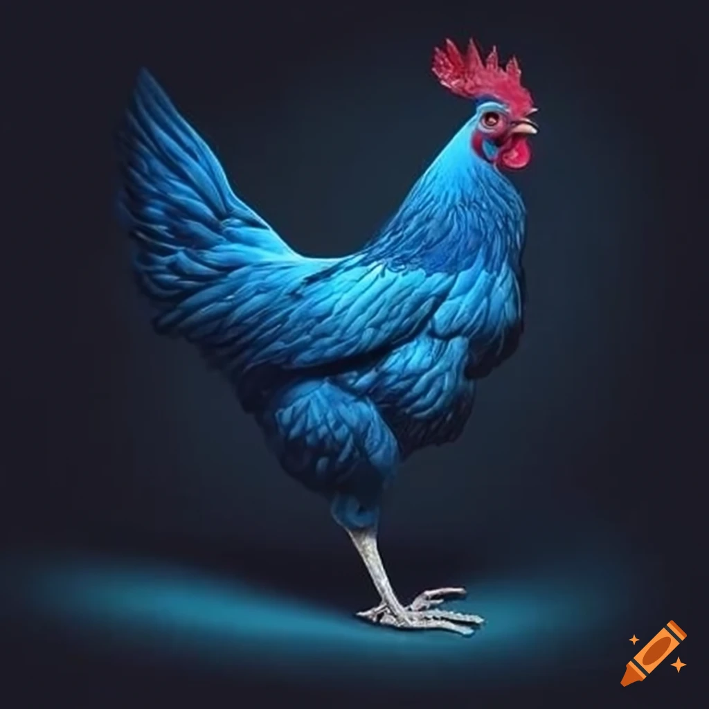 Blue chicken running in the darkness on Craiyon