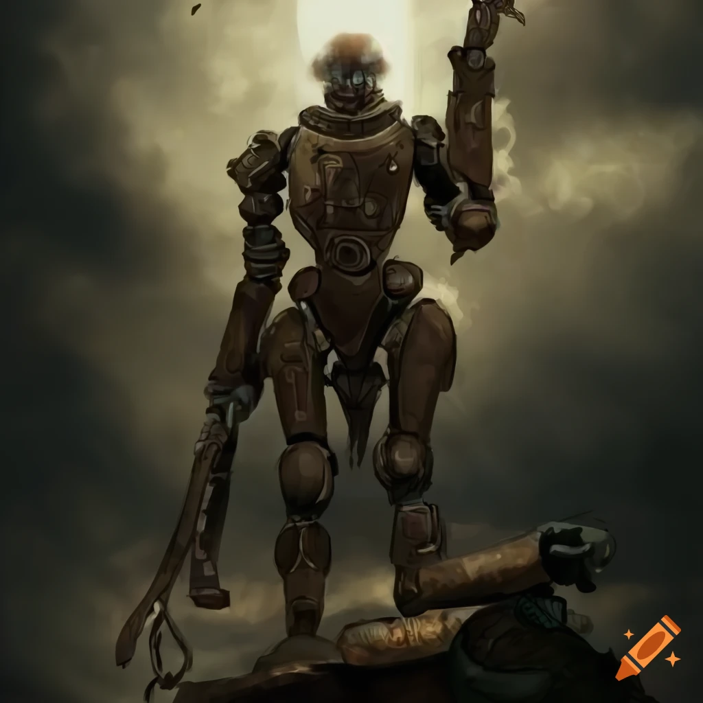 A warforged robot wielding a great sword with both hands on Craiyon