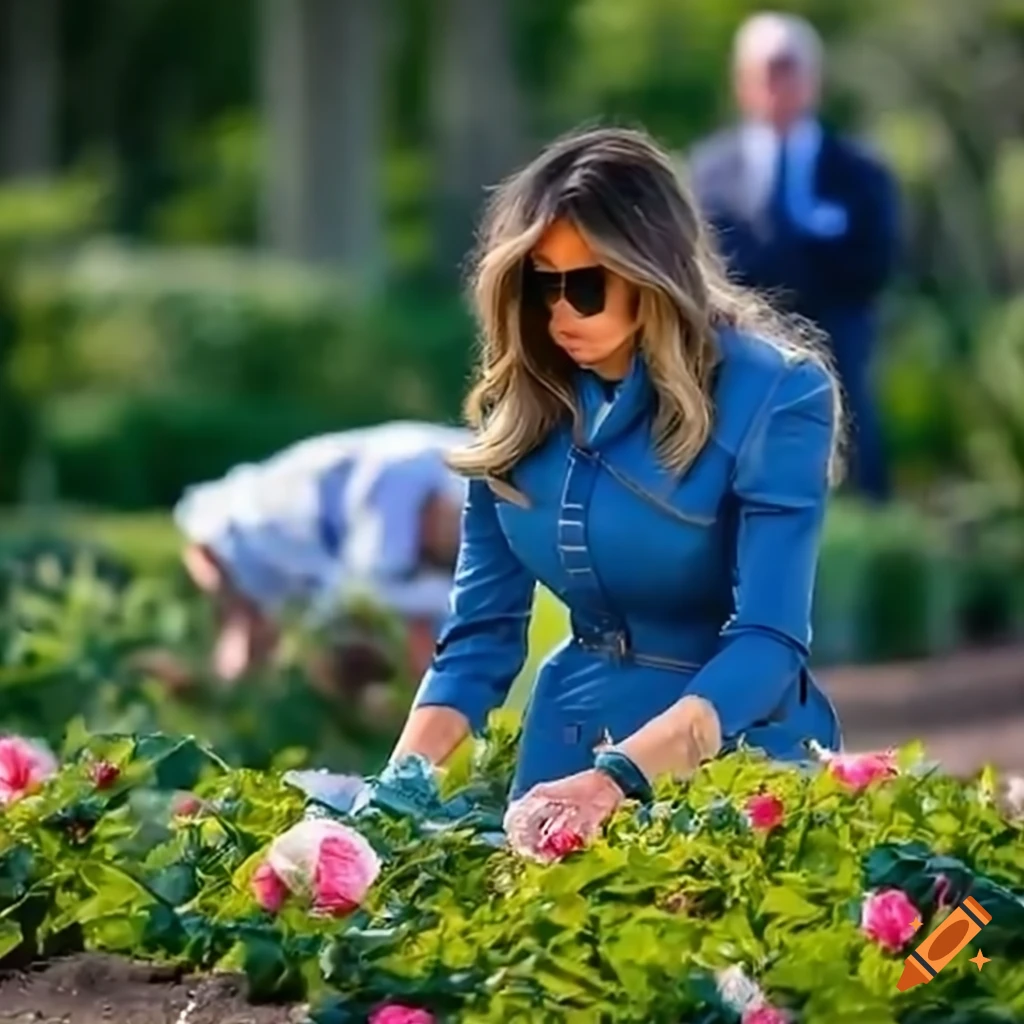 Melania trump destroying flowers in the white house rose garden on Craiyon