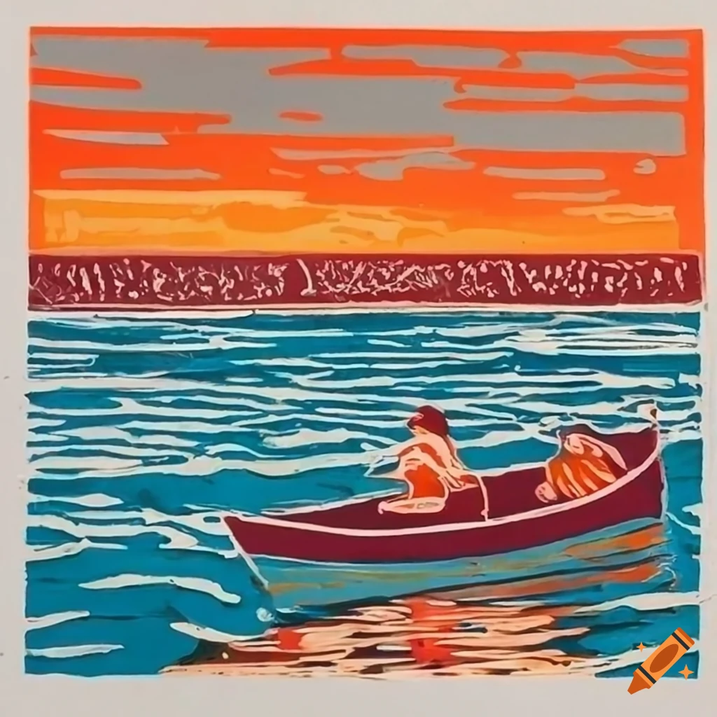 Sunset beach in lino print style on Craiyon