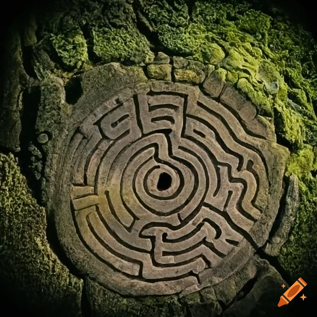 Mayan-style labyrinth engraved on a moss-covered stone slab on Craiyon