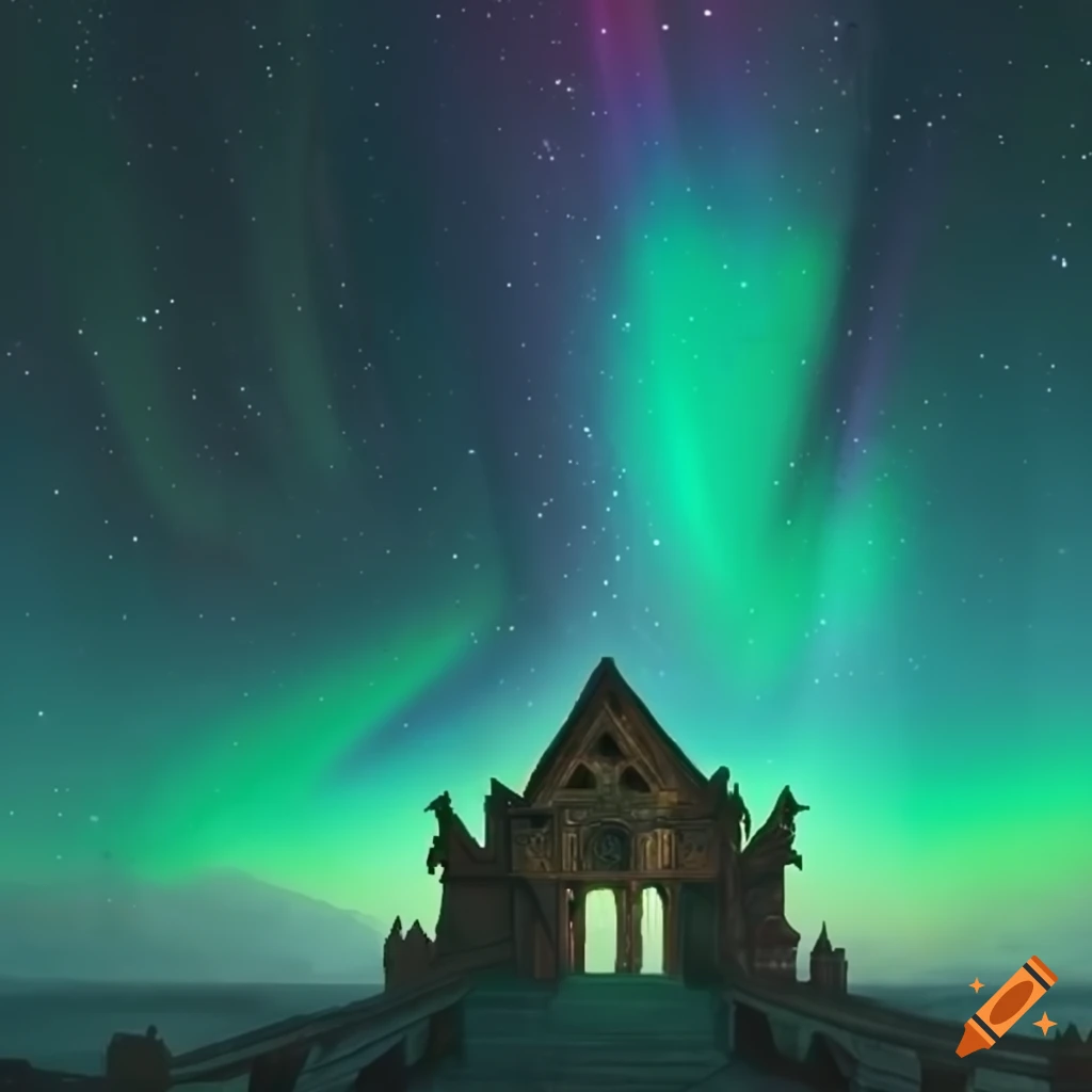 Valhalla long house under aurora night sky on Craiyon