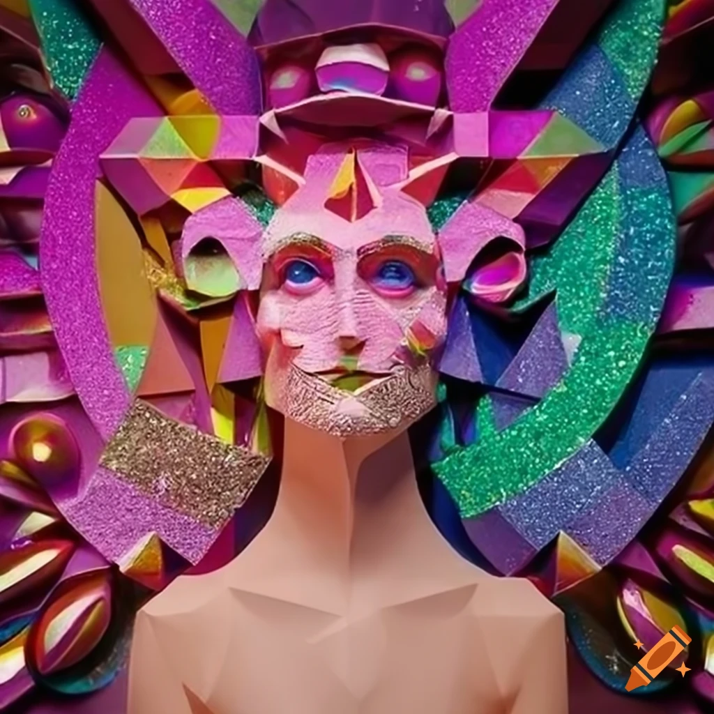 Sculpture of colorful origami figures with intricate details
