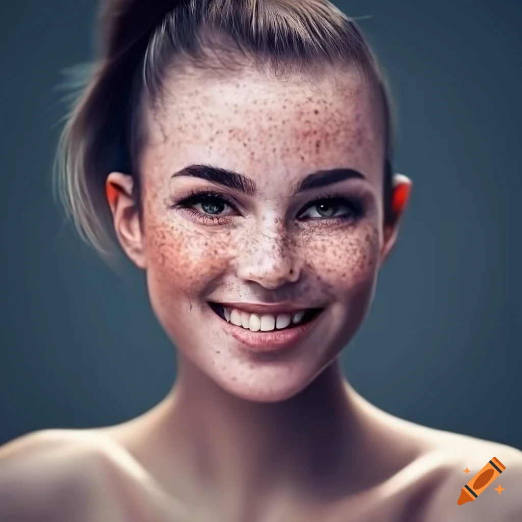 Portrait of a young woman with a freckled smile on Craiyon