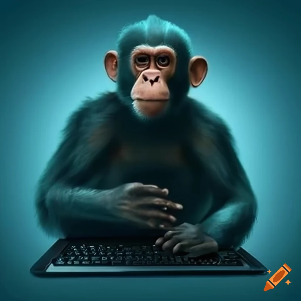 Image of a monkey using a computer at a desk